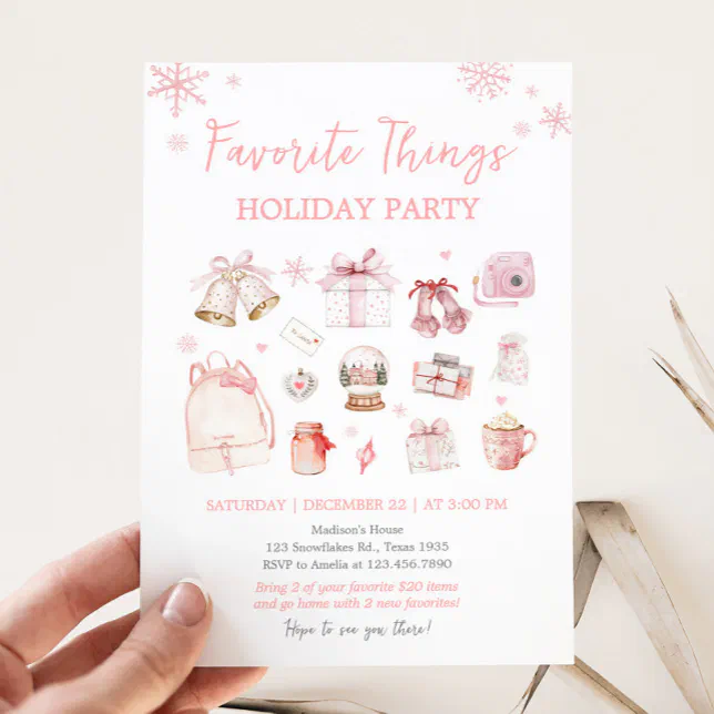 Pink Favorite Things Holiday Christmas Party Invitation | Zazzle