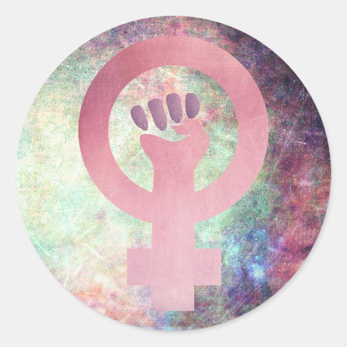 Pink Feminist Symbol on Multi-color Grunge Texture Classic Round ...