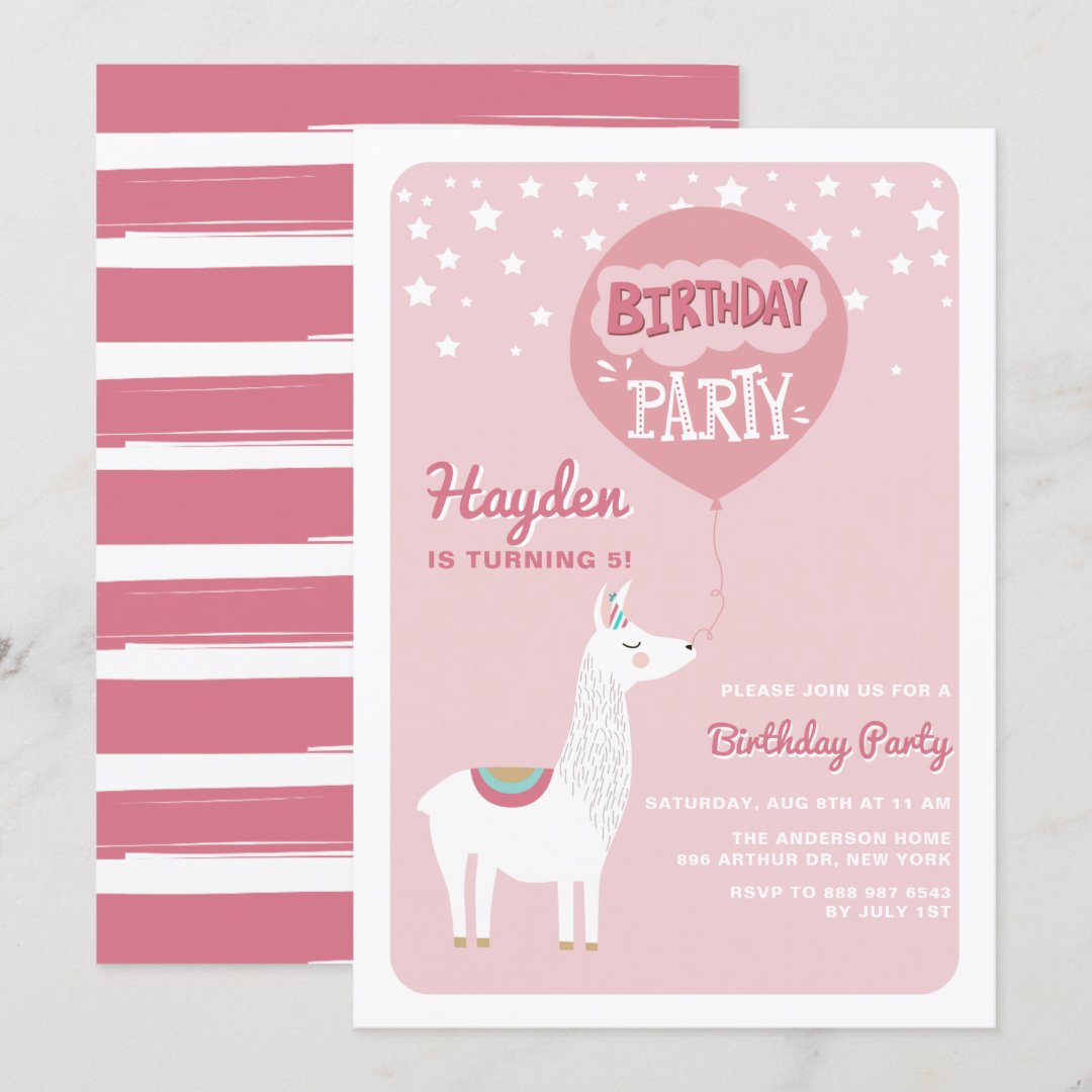 Pink Festive Alpaca Kids Birthday Party Invitation | Zazzle