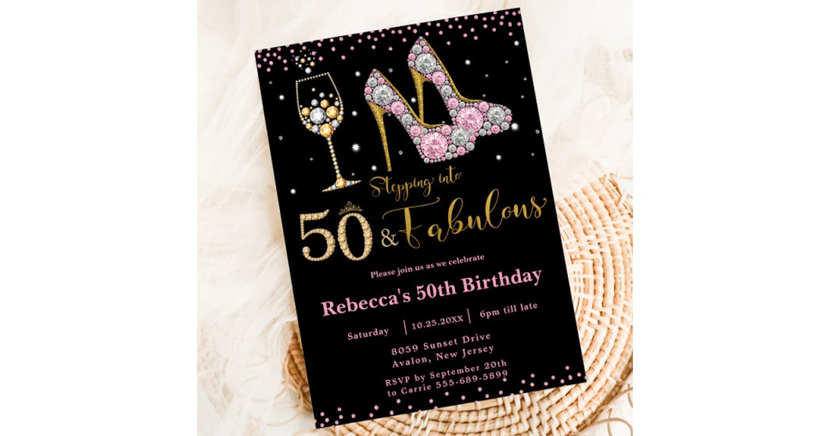 Pink Fifty and Fabulous Heels Bubbly 50th Birthday Invitation | Zazzle