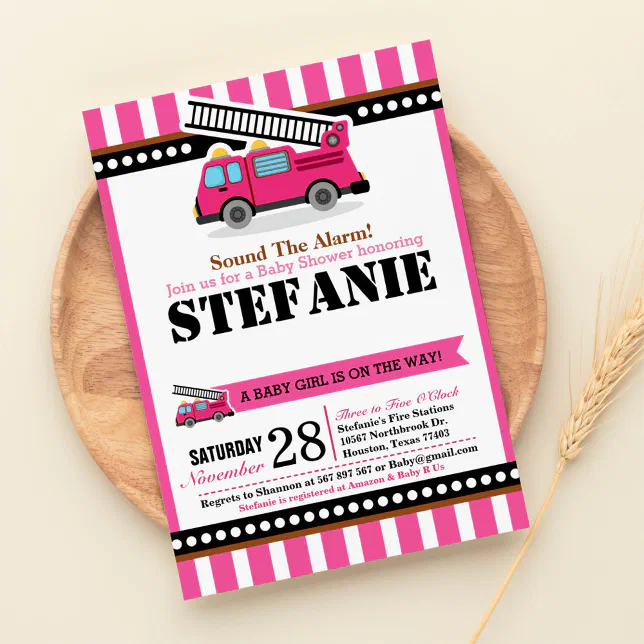 Pink Fire Engine Baby Shower Invitation | Zazzle