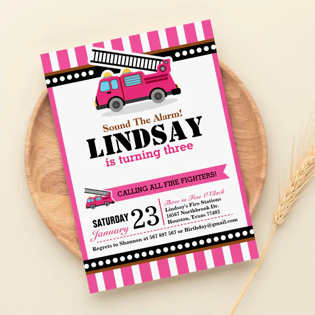 Pink Fire Engine Birthday Party Invitation | Zazzle