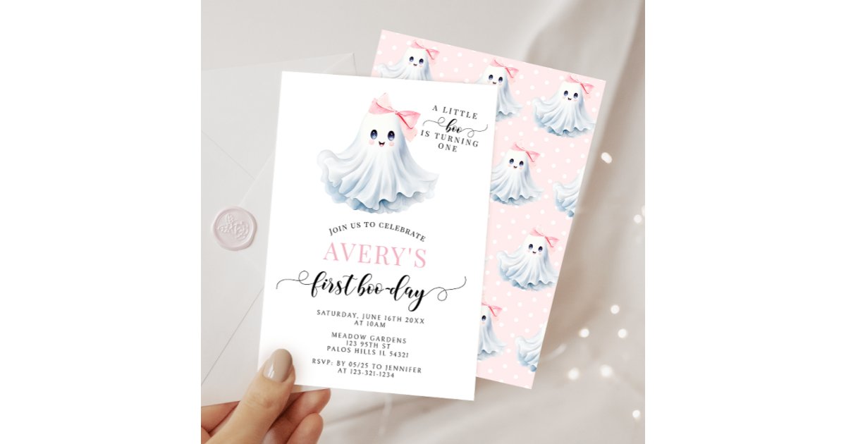 Pink First Boo Day Ghost Bow Birthday Girl Invitation | Zazzle