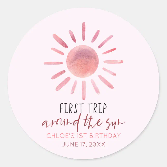 Pink First Trip Around The Sun 1st Birthday Party Classic Round Sticker