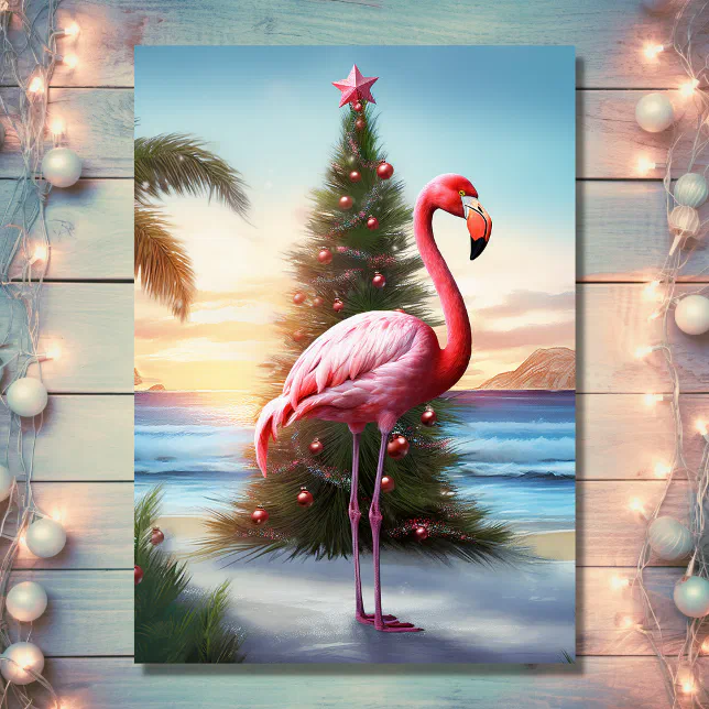 Pink Flamingo and Christmas Tree Tropical Beach Holiday Card | Zazzle