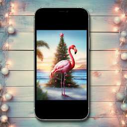 Pink Flamingo and Christmas Tree Tropical Beach Holiday Card | Zazzle