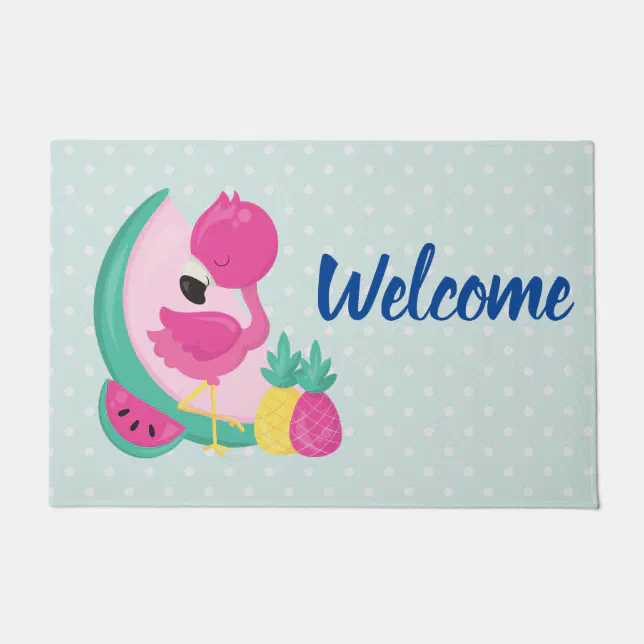 Pink Flamingo and Tropical Fruits Welcome Doormat | Zazzle
