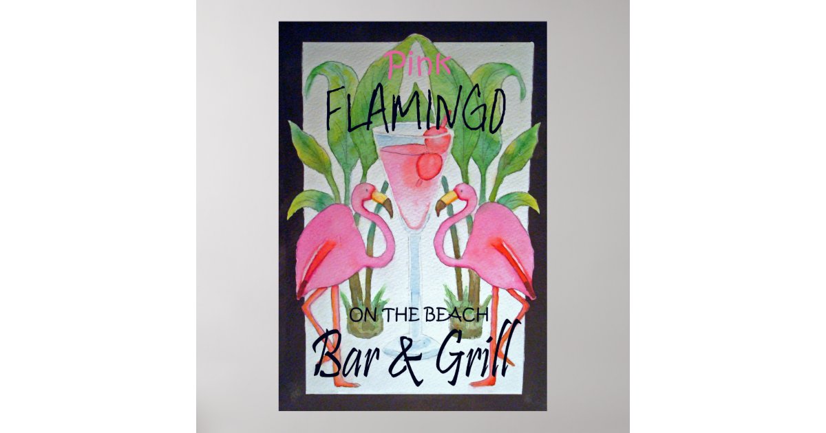 Pink Flamingo Bar & Grill Beach Poster Watercolor | Zazzle