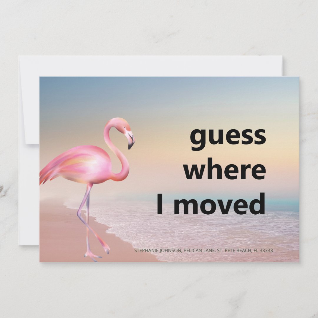 Pink Flamingo Beach Sunset Guess Where I Moved Announcement | Zazzle