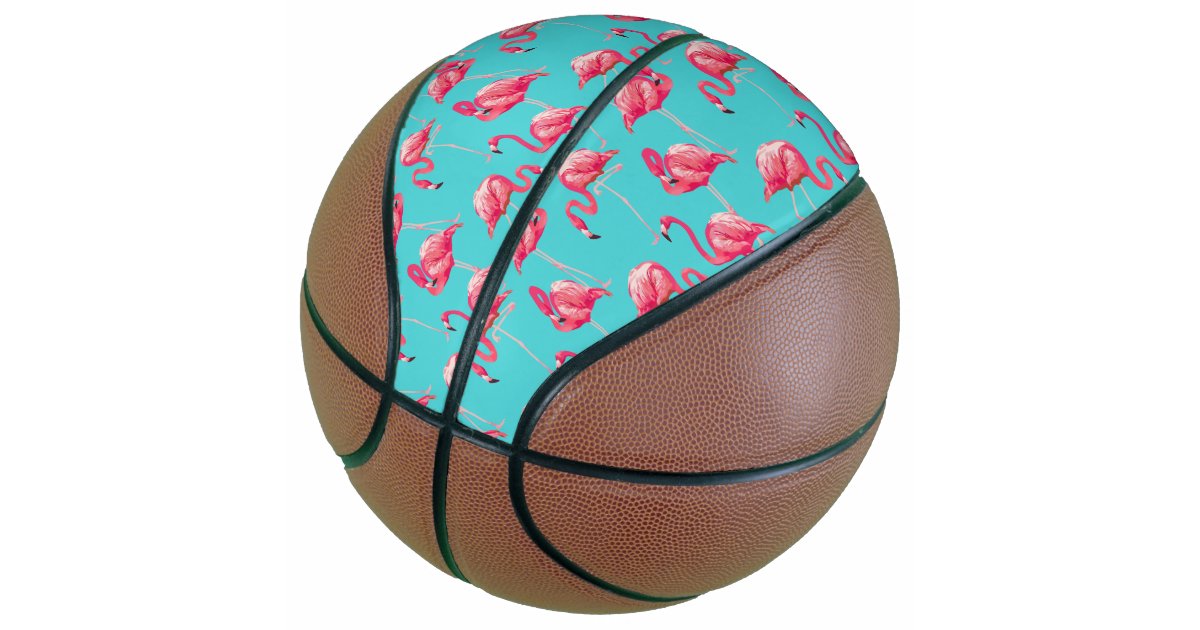 Pink flamingo birds on turquoise background basketball | Zazzle