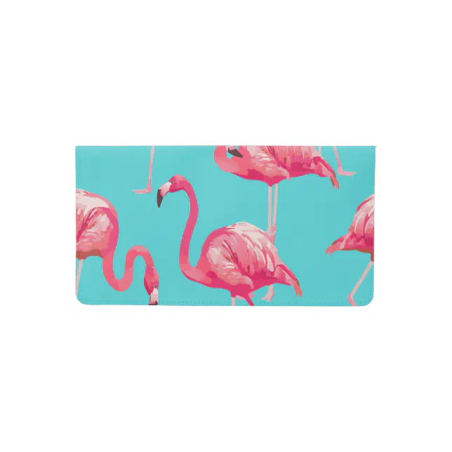 Pink flamingo birds on turquoise background checkbook cover | Zazzle