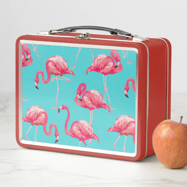 Pink Flamingo Birds On Turquoise Background Metal Lunch Box Zazzle
