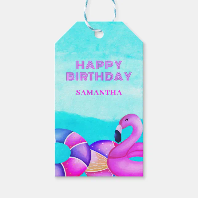 Pink Flamingo Birthday Pool Party Name Gift Tags | Zazzle