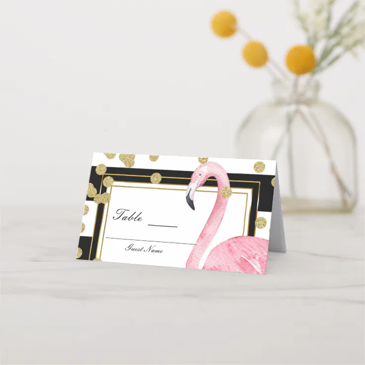 Pink Flamingo Black White Gold Table Number Place Card | Zazzle