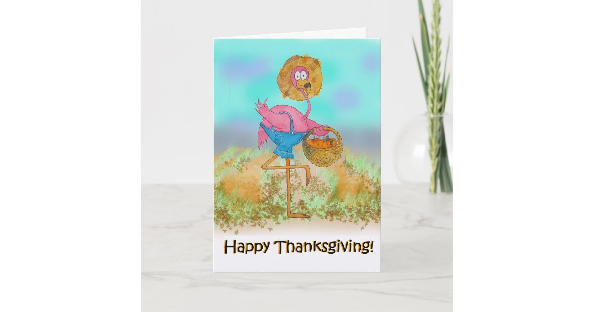 Pink Flamingo Happy Thanksgiving Pumpkin Card | Zazzle