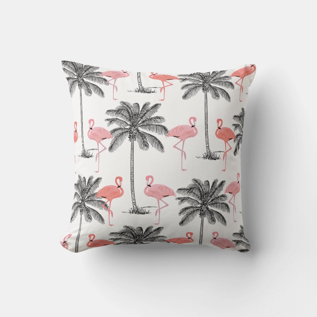 Pink Flamingo in Palm trees home decor pillow | Zazzle