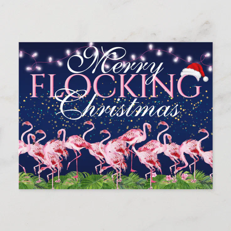 Pink Flamingo Merry Flocking Christmas Flamingos Holiday Postcard | Zazzle