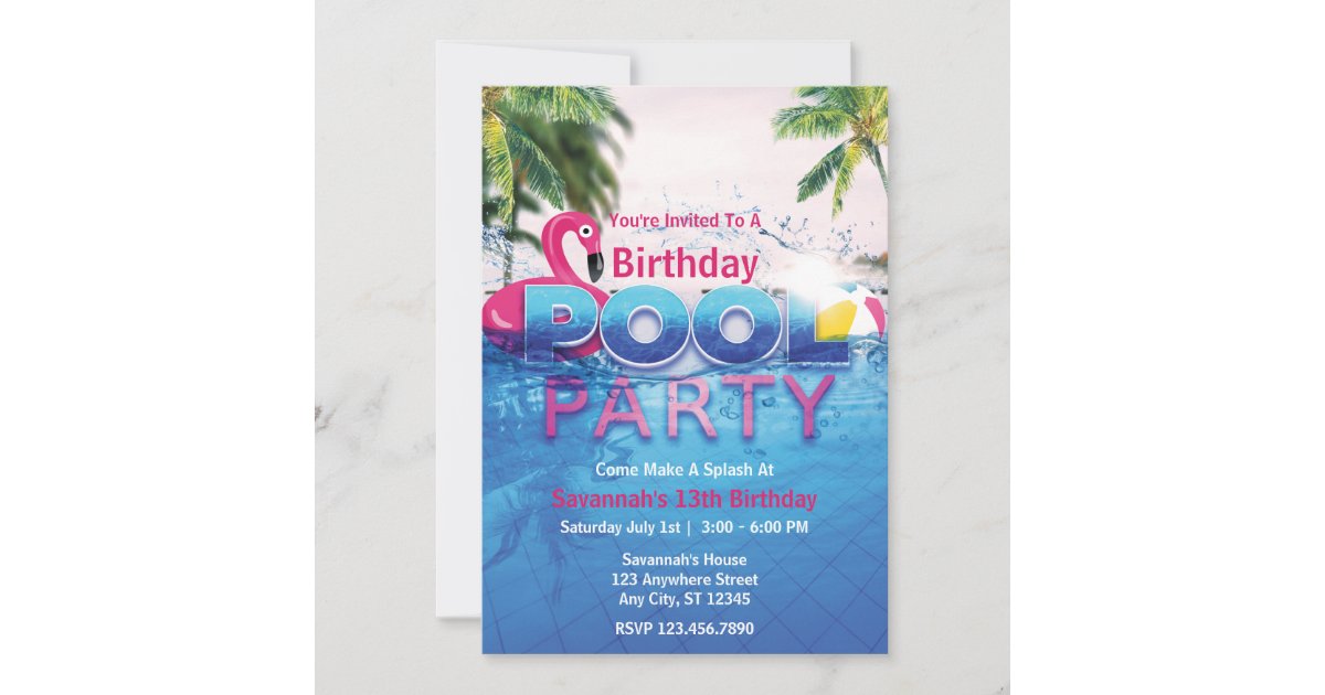Pink Flamingo Summer Poolside Birthday Party Invitation | Zazzle