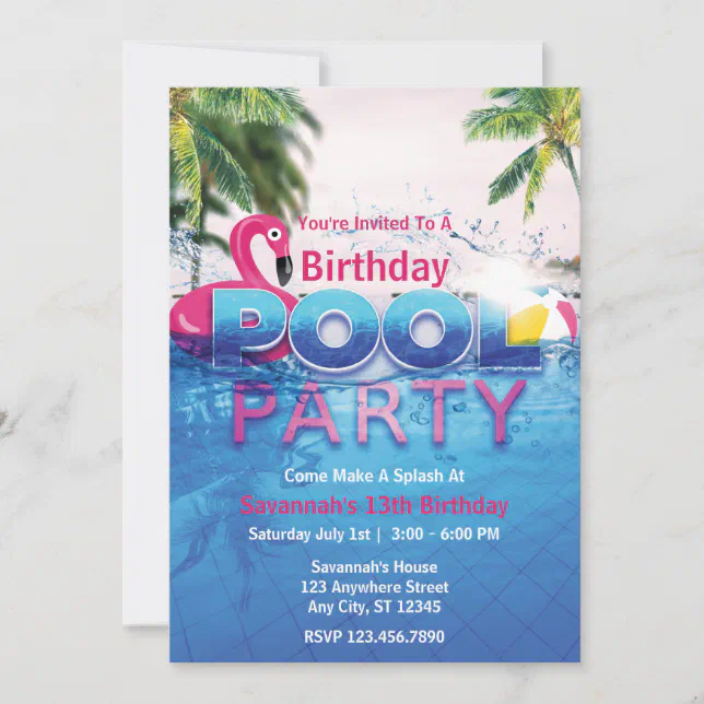 Pink Flamingo Summer Poolside Birthday Party Invitation | Zazzle