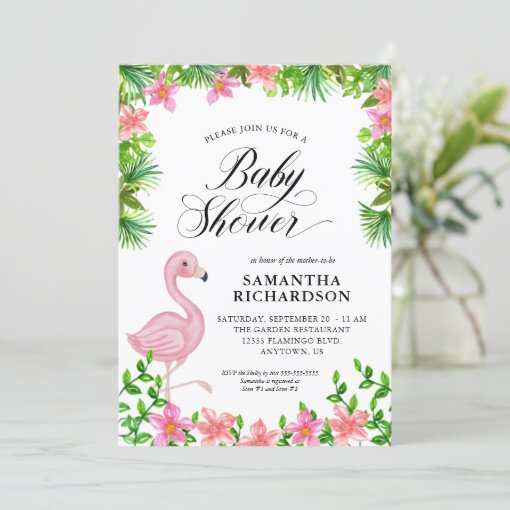 Pink Flamingo Tropical Flowers Script Baby Shower Invitation | Zazzle