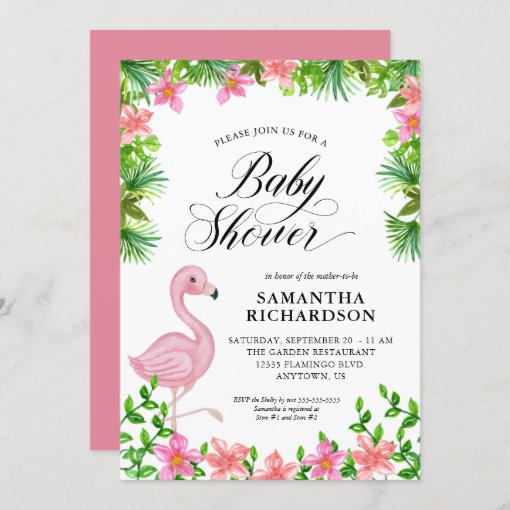 Pink Flamingo Tropical Flowers Script Baby Shower Invitation | Zazzle