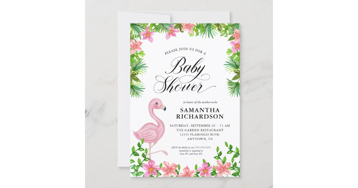 Pink Flamingo Tropical Flowers Script Baby Shower Invitation | Zazzle