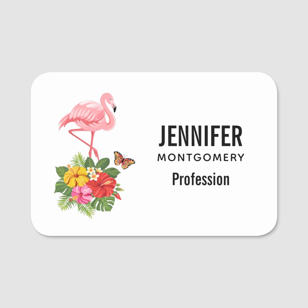 Pink Flamingo & Tropical Hibiscus Fancy Name Tag | Zazzle