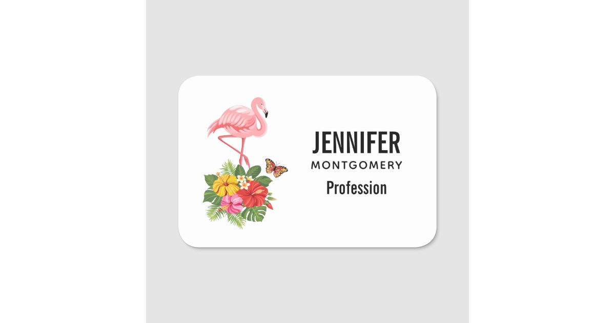 Pink Flamingo & Tropical Hibiscus Fancy Name Tag | Zazzle