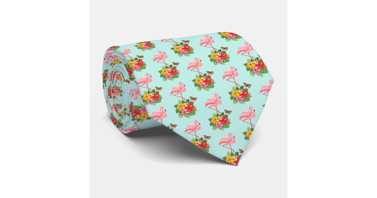 Pink Flamingo & Tropical Hibiscus Fancy Pattern Neck Tie | Zazzle