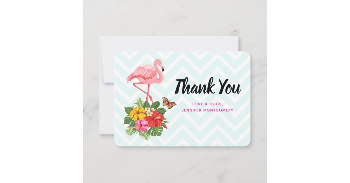 Pink Flamingo & Tropical Hibiscus Fancy Thank You Card | Zazzle