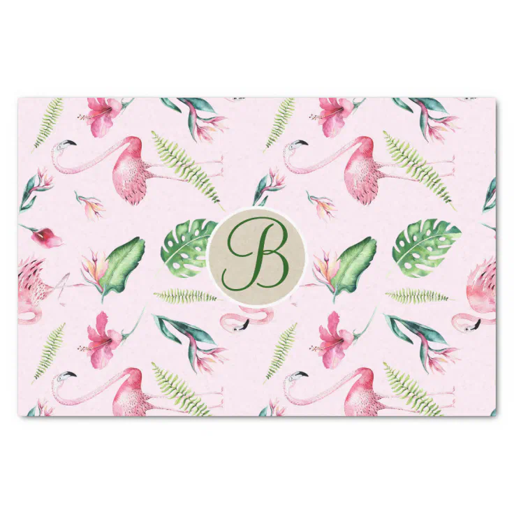 Pink Flamingo Tropical Monogram Letter Initial Tissue Paper | Zazzle