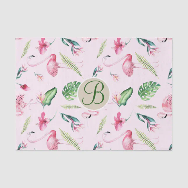 Pink Flamingo Tropical Monogram Letter Initial Tissue Paper | Zazzle