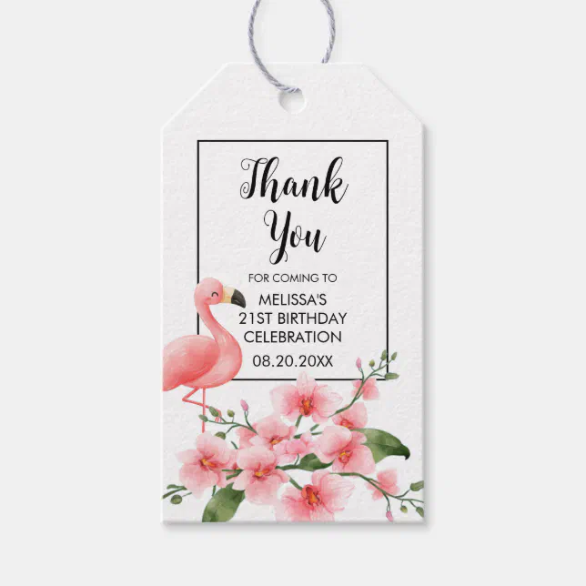 Pink Flamingo Tropical Orchid Birthday Thank You Gift Tags | Zazzle