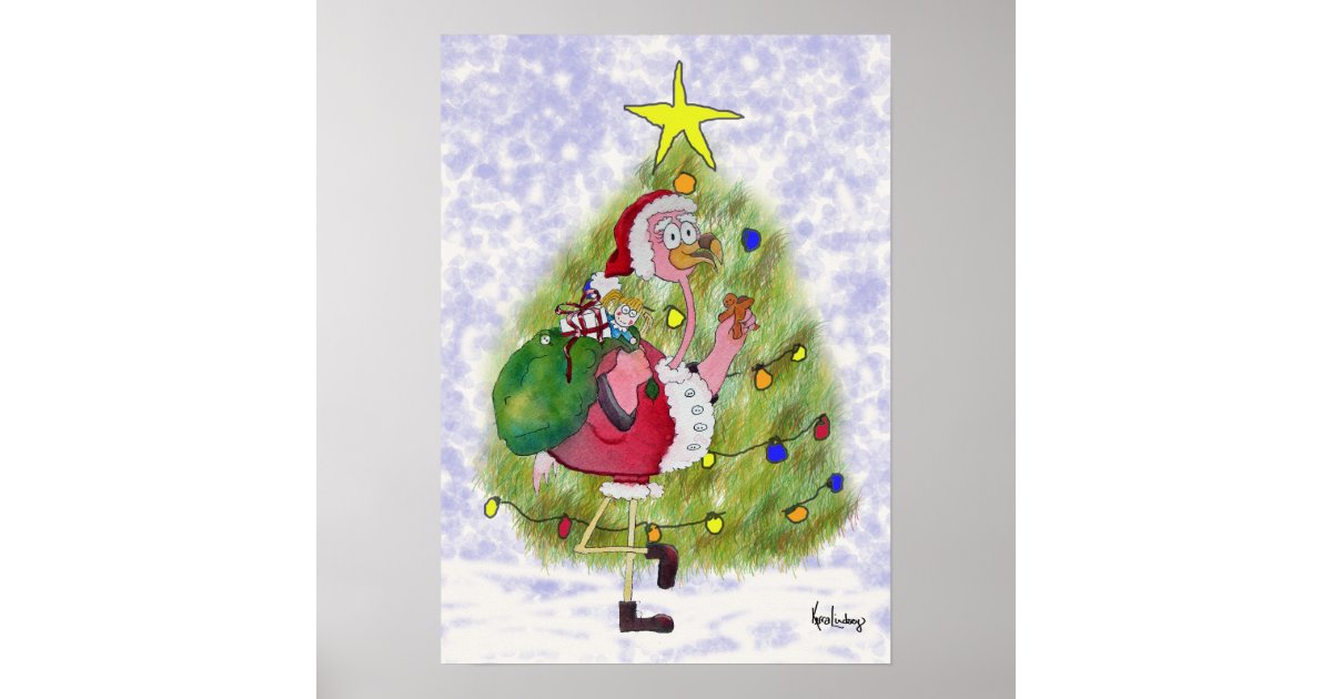 Pink Flamingo Whimsical Merry Christmas Poster | Zazzle