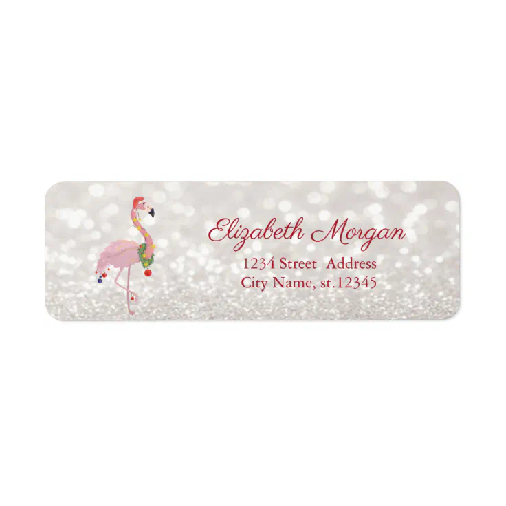 Pink Flamingo With Santa Hat, Glittery Bokeh Label | Zazzle