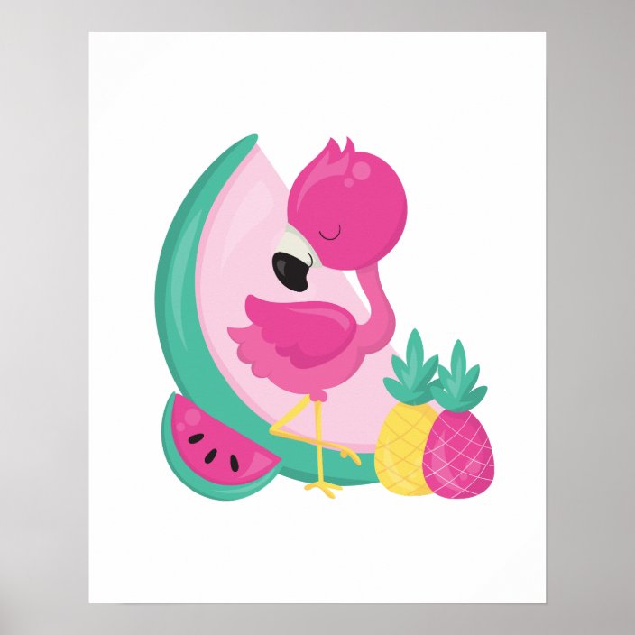 Pink Flamingo with Watermelon & Pineapples Poster | Zazzle.com
