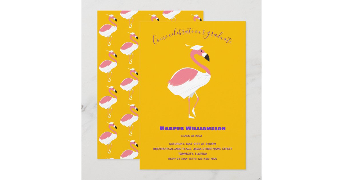 Pink Flamingo Yellow Animal Graduation Invitation | Zazzle