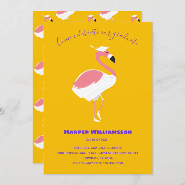 Pink Flamingo Yellow Animal Graduation Invitation | Zazzle