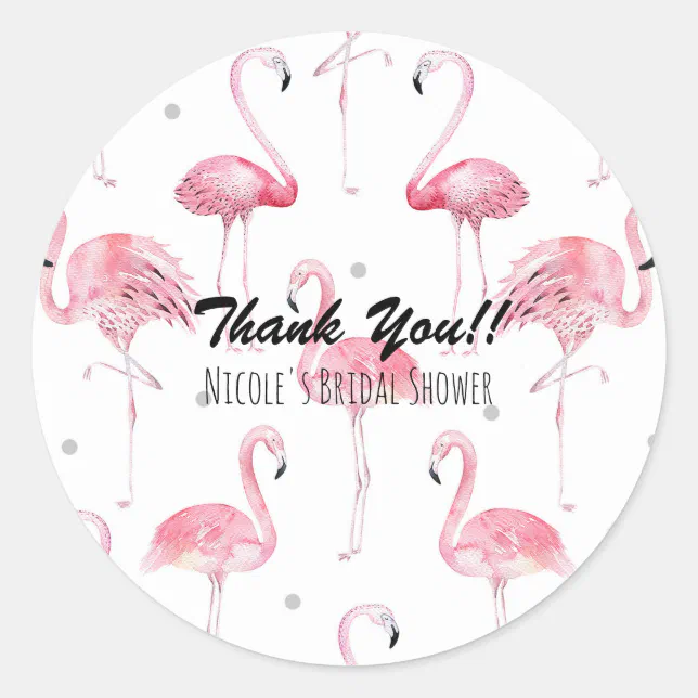 Pink Flamingos Grey Polka Dots Chic Favor Classic Round Sticker | Zazzle