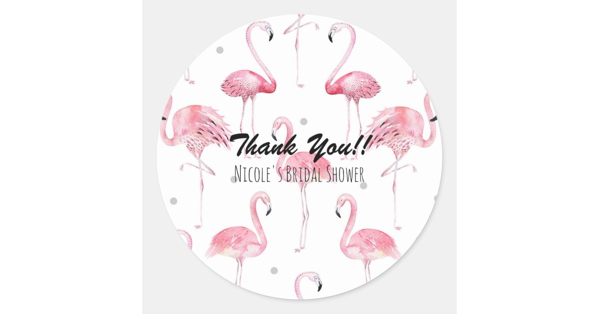 Pink Flamingos Grey Polka Dots Chic Favor Classic Round Sticker | Zazzle