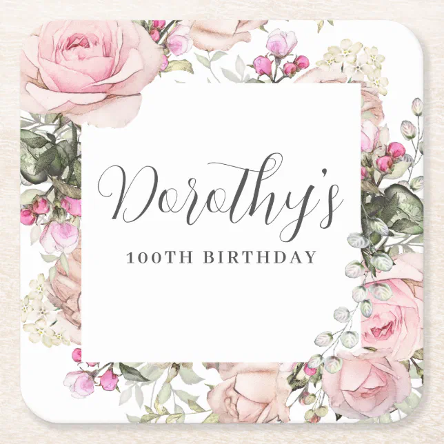 Pink Floral 100th Birthday Party Custom Square Paper Coaster | Zazzle