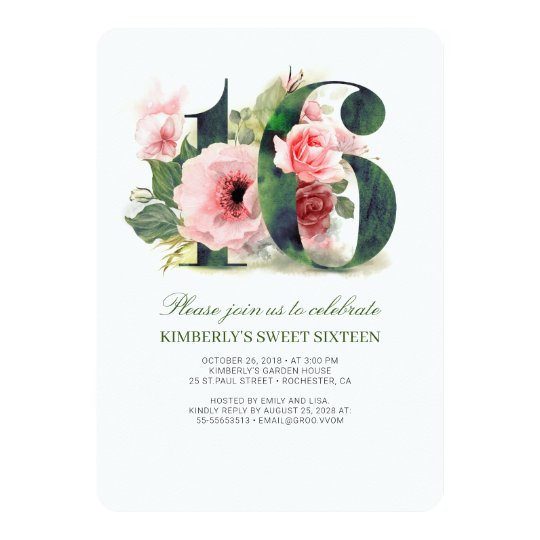 Pink Floral 16 | Sweet Sixteen Birthday Party Invitation | Zazzle.com