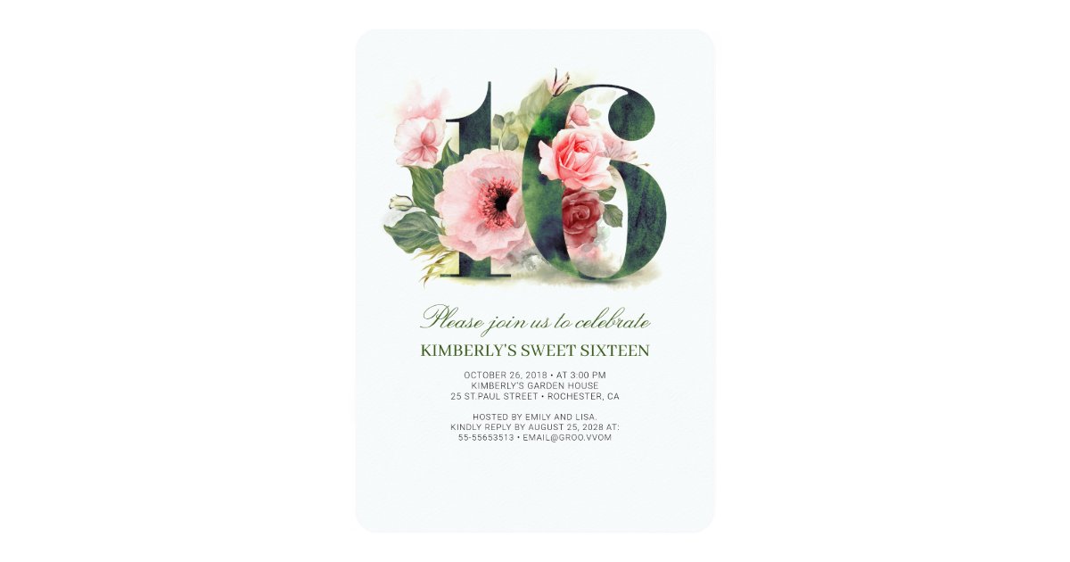 Pink Floral 16 | Sweet Sixteen Birthday Party Invitation | Zazzle.com