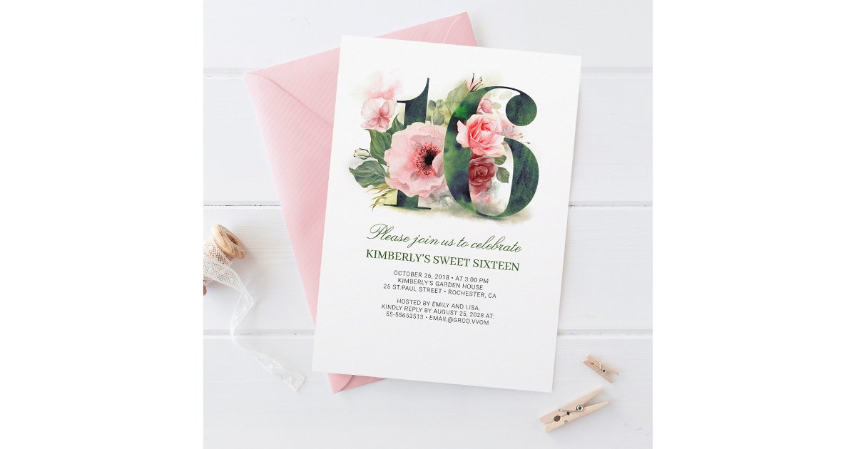 Pink Floral 16 | Sweet Sixteen Birthday Party Invitation | Zazzle