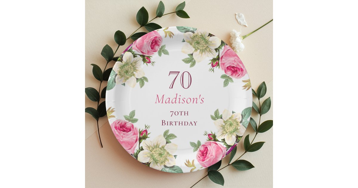 Pink Floral 70th Birthday Paper Plates | Zazzle