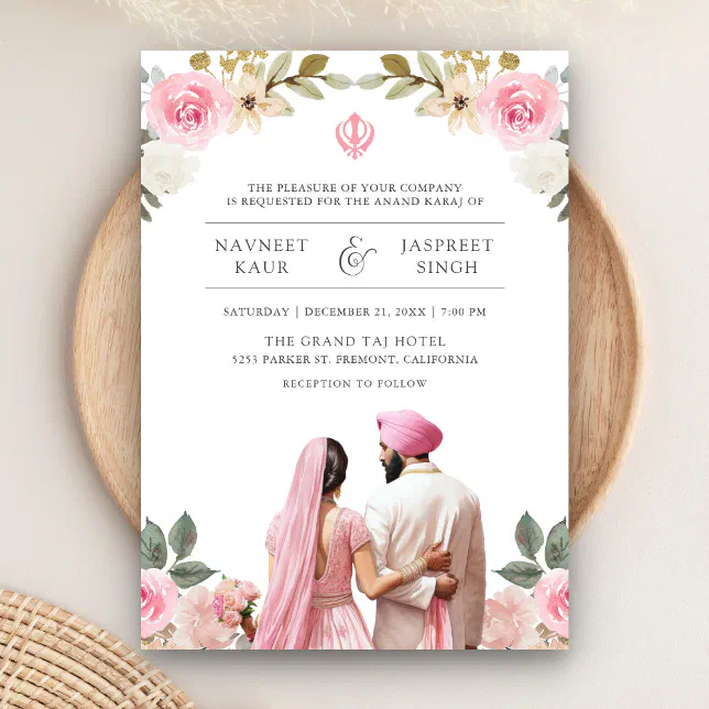 Pink Floral Anand Karaj Indian Sikh Wedding Invitation | Zazzle