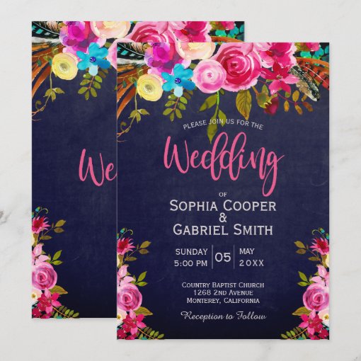 Pink Floral and Blue Typography Wedding Invitation | Zazzle
