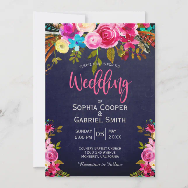 Pink Floral and Blue Typography Wedding Invitation | Zazzle