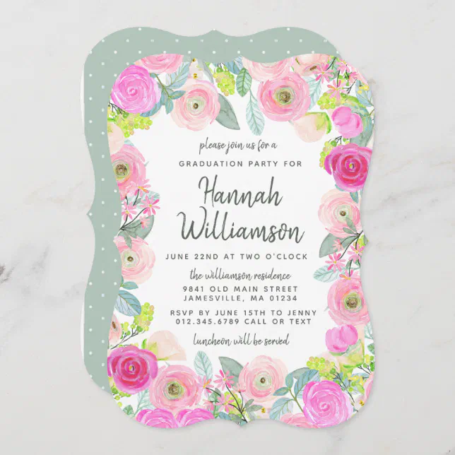 Pink Floral and Dots Graduation Party Invitation | Zazzle