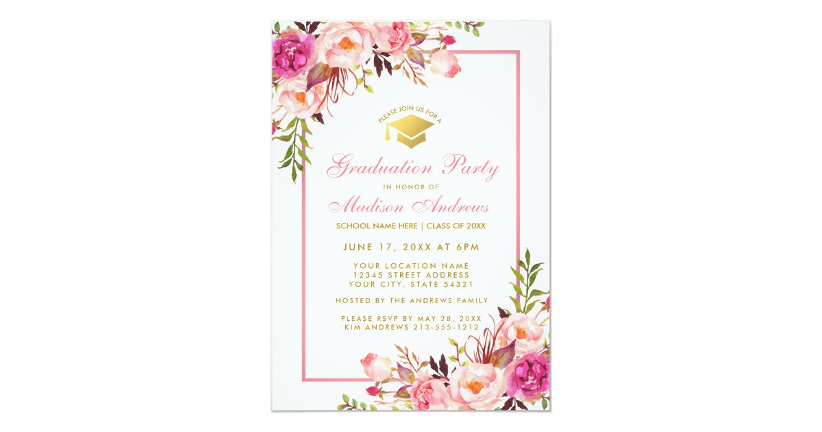 Pink Floral and Gold Graduation Party Invitation P | Zazzle.com